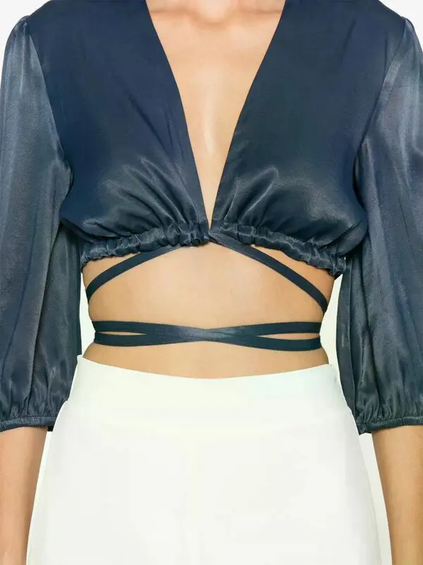 MOUTAKI Navy Satin Cropped Blouse - Blue