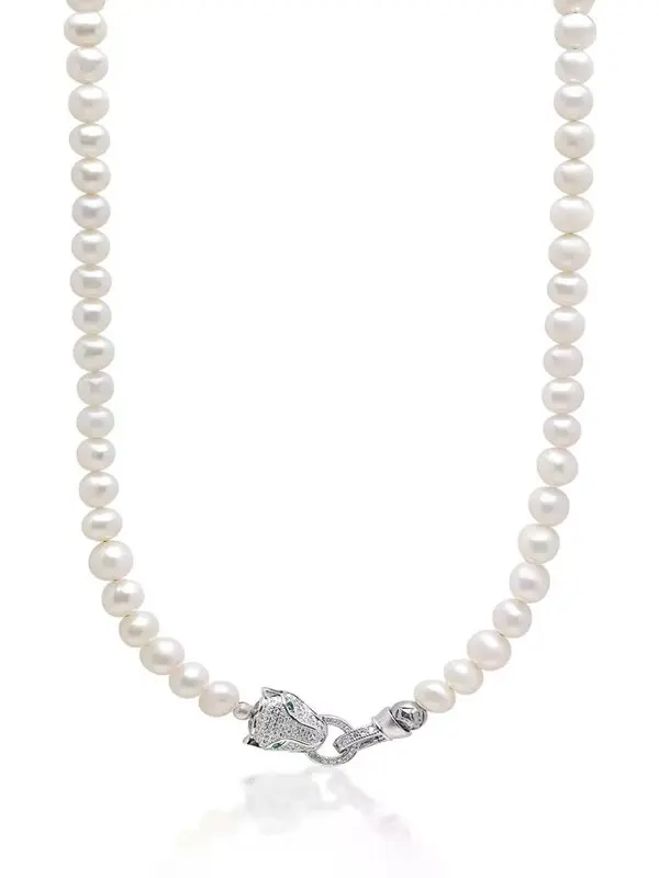 NIALAYA JEWELRY Panther Head Lock Pearl Necklace - Silver