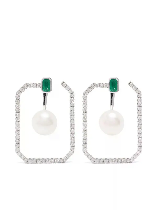 Shay 18k White Gold Diamond And Emerald Octagon Hoop Earrings - Silver