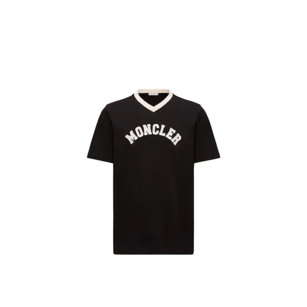 Moncler Embroidered Logo Cotton Piquet V-neck T-shirt - Black