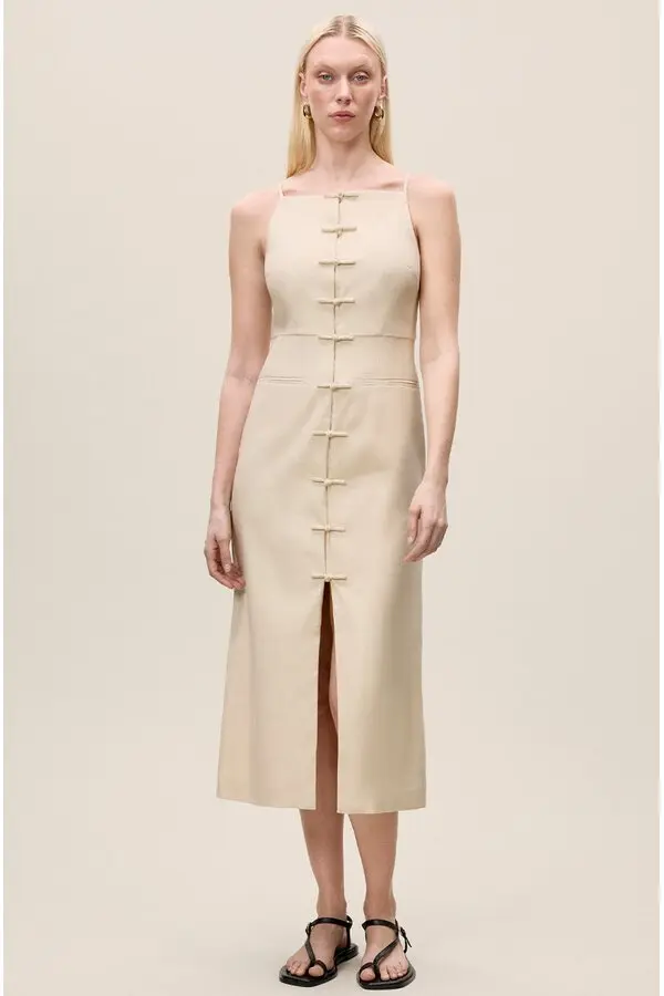 Rebecca Taylor Beatrice Stretch Linen Midi Dress - Neutral | Editorialist