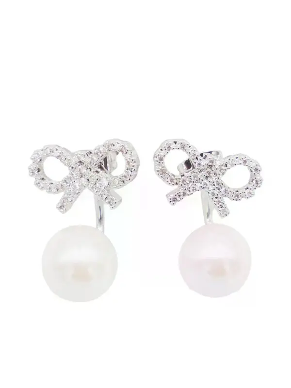 SELF-PORTRAIT Crystal And Faux Pearl Bow Drop Earrings - Silver