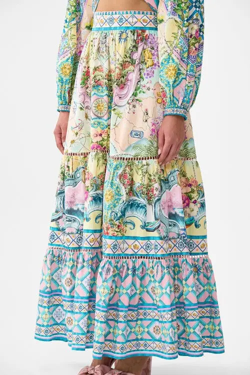Camilla High Waisted Tiered Maxi Skirt With Crystal Embellishments