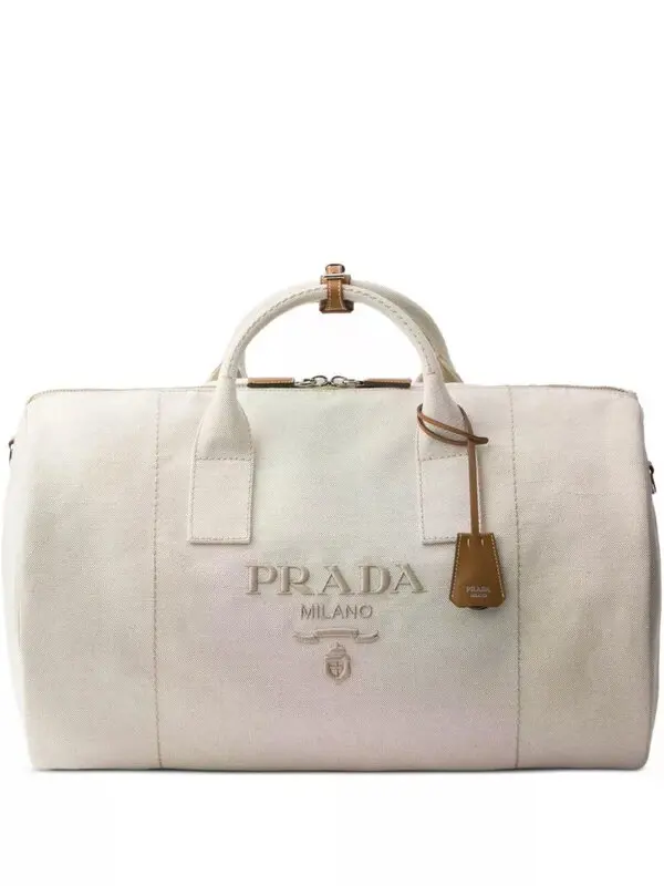 Prada Logo Embossed Duffle Bag - Neutrals