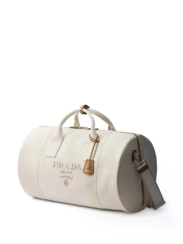 Prada Logo Embossed Duffle Bag - Neutrals