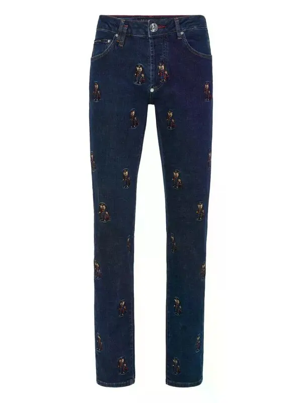 Philipp Plein Bear-embroidered Jeans - Blue