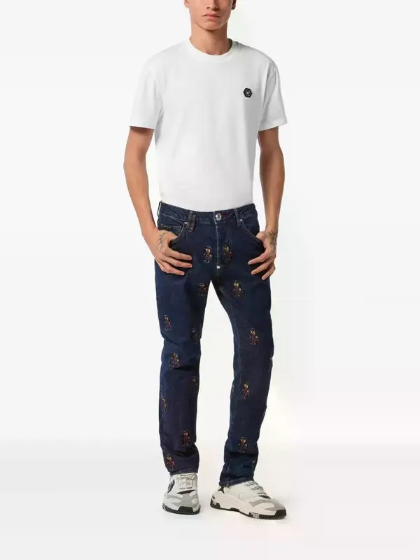 Philipp Plein Bear-embroidered Jeans - Blue