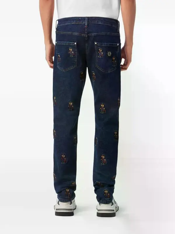 Philipp Plein Bear-embroidered Jeans - Blue
