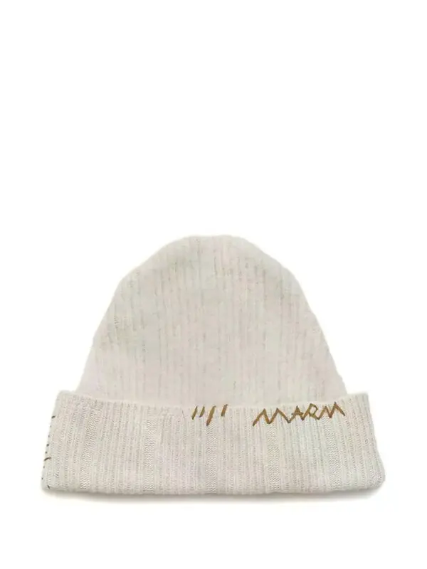 Marni Wool-cashmere Ribbed Beanie With Embroidered Logo - Neutrals