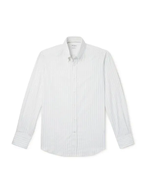 Brunello Cucinelli Button-down Collar Striped Cotton Shirt - White