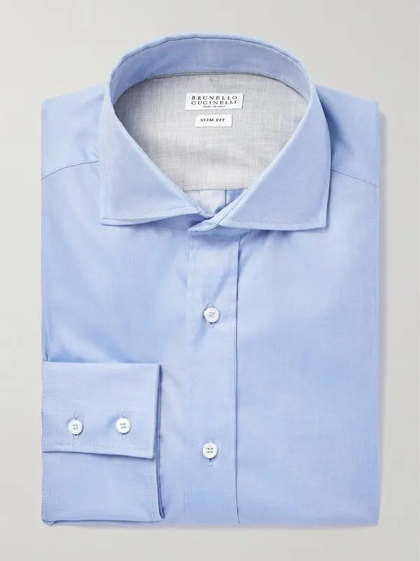 Brunello Cucinelli Slim-fit Cutaway-collar Cotton-twill Shirt - Blue