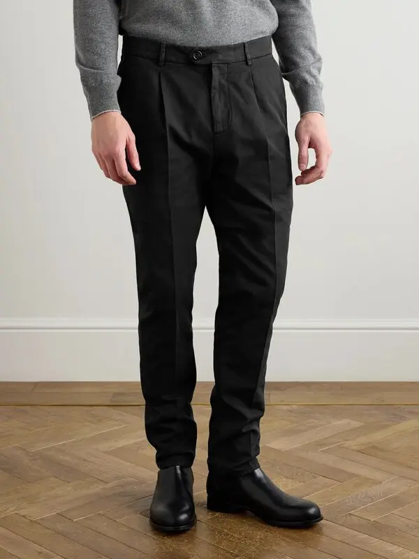 Brunello Cucinelli Straight-leg Pleated Cotton-twill Trousers - Black
