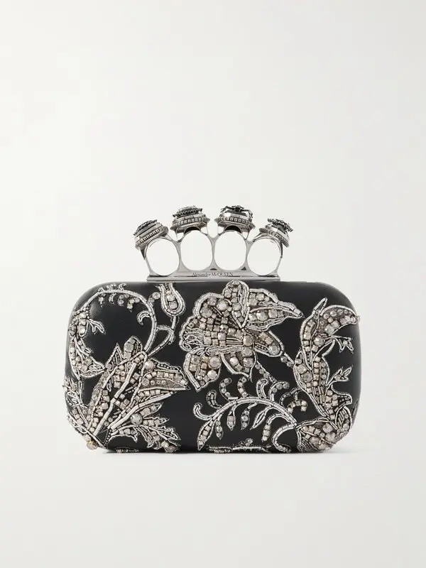 Alexander McQueen Crystal-embellished Embroidered Leather Knuckle Clutch - Silver
