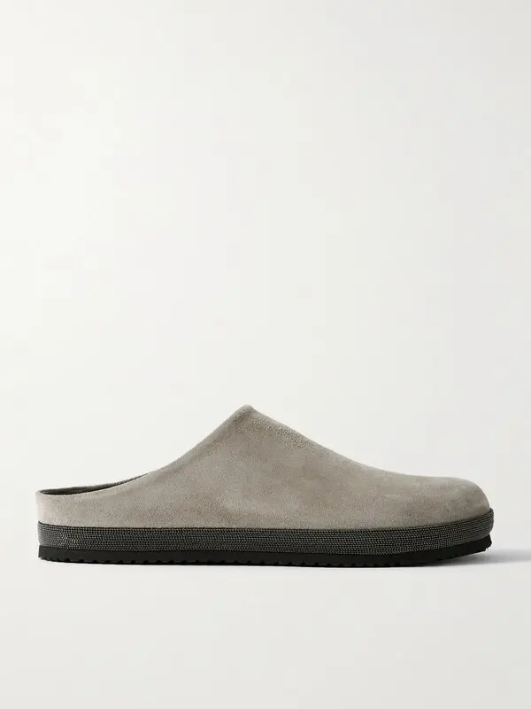 Brunello Cucinelli Bead-embellished Suede Mules - Gray