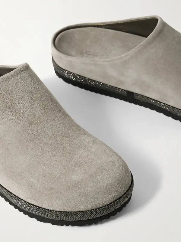Brunello Cucinelli Bead-embellished Suede Mules - Gray