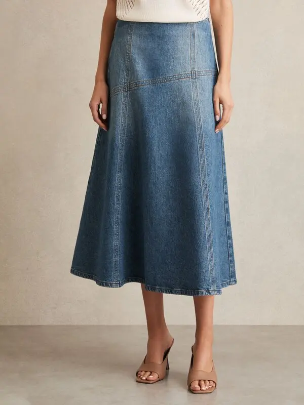 REISS Denim Panelled Midi Skirt