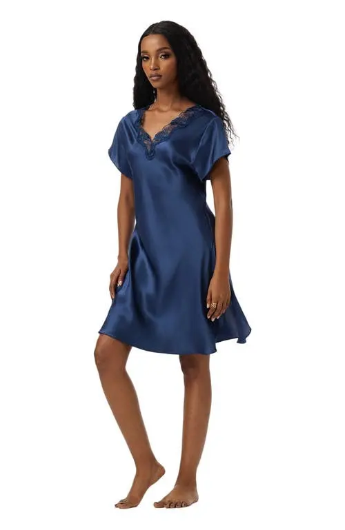 SILKSILKY Silk Lace Neckline Split Hem Nightgown - Darkblue