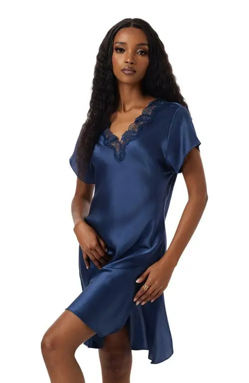 SILKSILKY Silk Lace Neckline Split Hem Nightgown - Darkblue