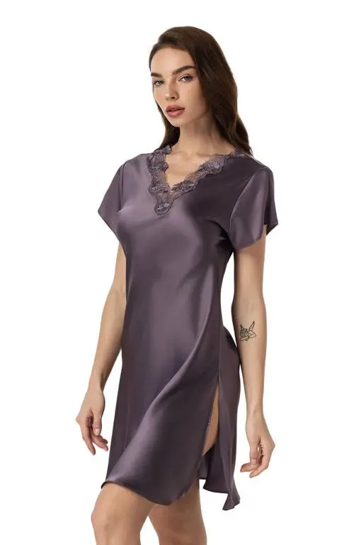 SILKSILKY Silk Lace Neckline Split Hem Nightgown - Purplegray