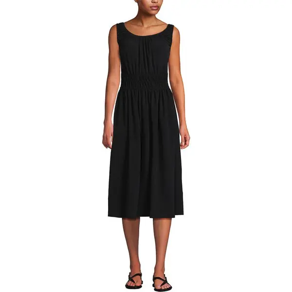LANDS' END Sleeveless Poplin Smocked Midi Dress - Black