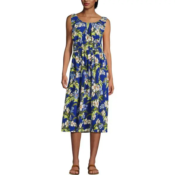 LANDS' END Sleeveless Poplin Smocked Midi Dress - Paradise Blue Tossed Floral