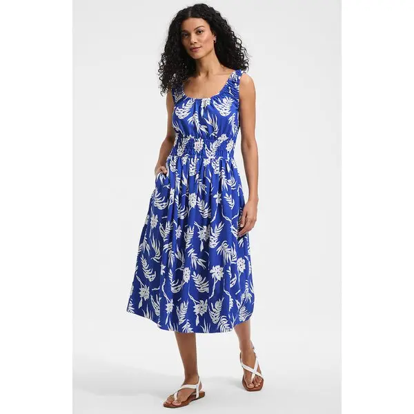 LANDS' END Sleeveless Poplin Smocked Midi Dress - Vibrant Lapis Tropic Floral