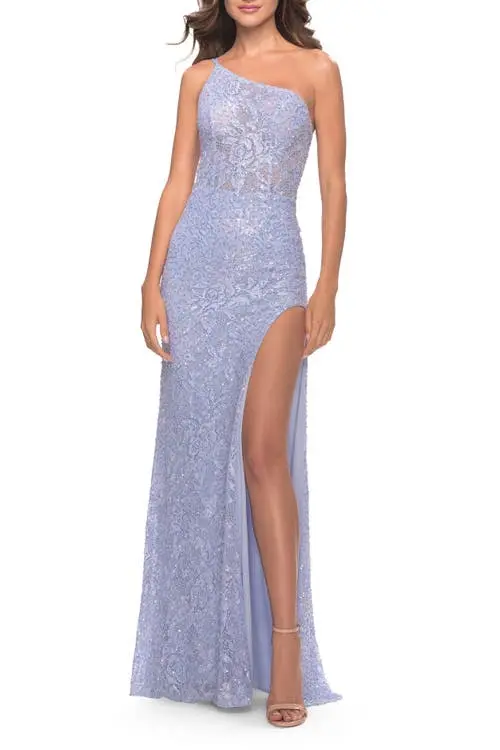 La Femme Beaded Lace One Shoulder Dress With Strappy Back