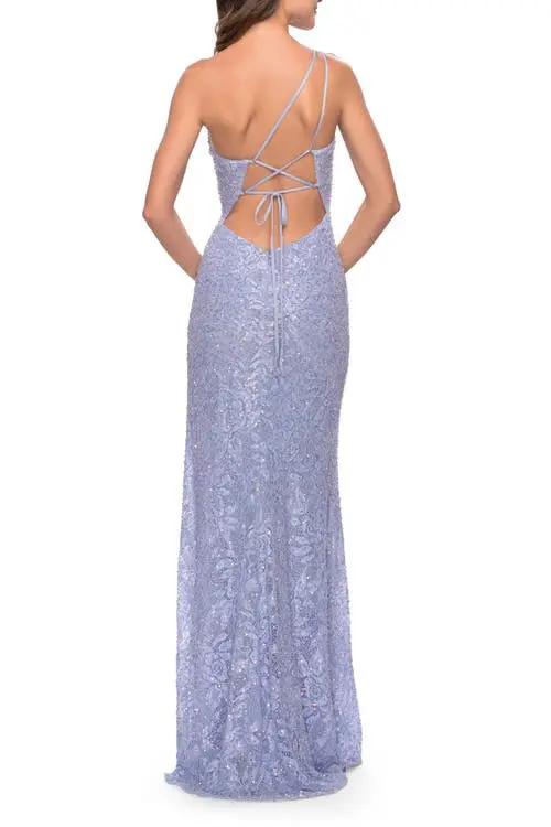La Femme Beaded Lace One Shoulder Dress With Strappy Back
