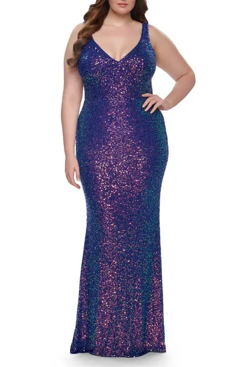 La Femme Stretch Sequin Gown With V-neckline