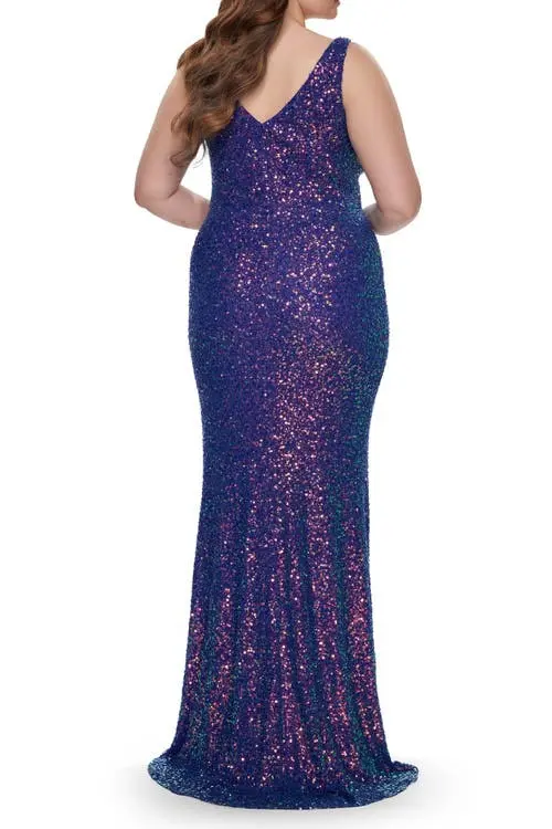La Femme Stretch Sequin Gown With V-neckline
