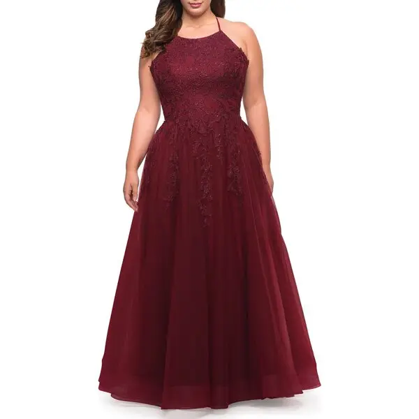 La Femme Tulle Gown With Lace Bodice - Wine