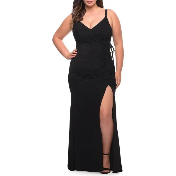 La Femme Net Jersey Gown With Tie Side - Black