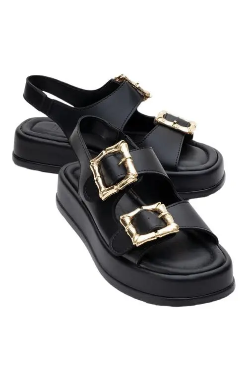 PROLOGUE SHOES Slope Double Strap Sandals - Black Faux Leather