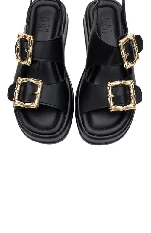 PROLOGUE SHOES Slope Double Strap Sandals - Black Faux Leather