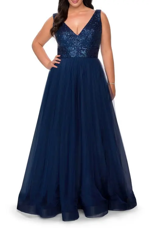 La Femme A-line Gown With Sequin Bodice And Tulle Skirt - Navy