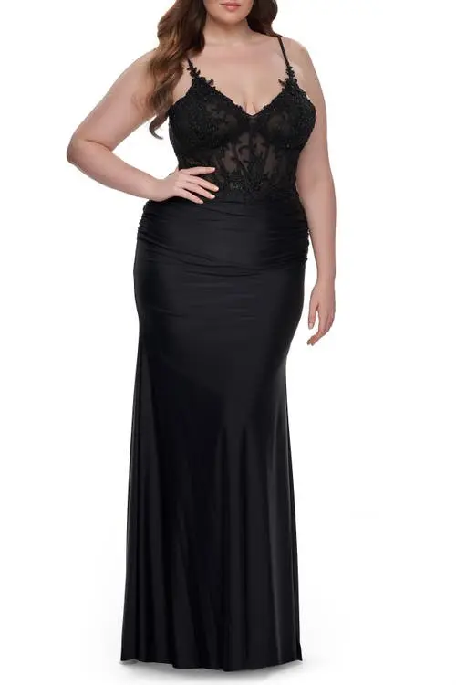 La Femme Long Jersey Dress With Illusion Lace Bodice - Black