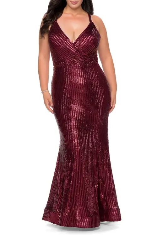 La Femme Sequin Gown With Criss-cross Back - Wine