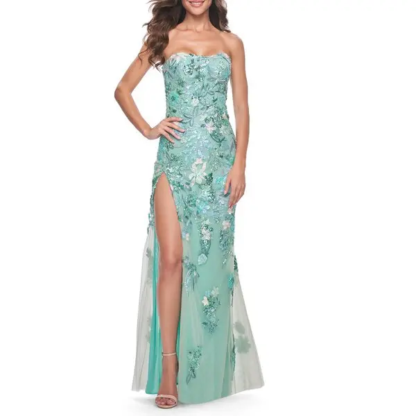 La Femme Lace Floral Applique Strapless Gown - Sage