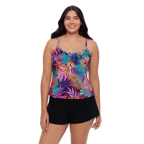 TRIMSHAPER Farrah Scoopneck Swim Romper - Caribbean Palms