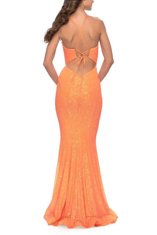 La Femme Fitted Sequin Gown With Open Back - Orange
