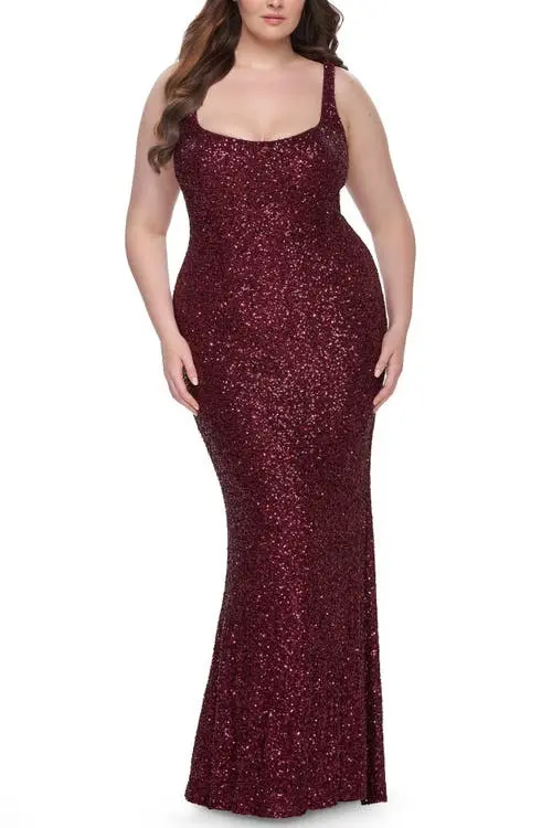 La Femme Sequin Prom Dress With Square Neckline - Wine