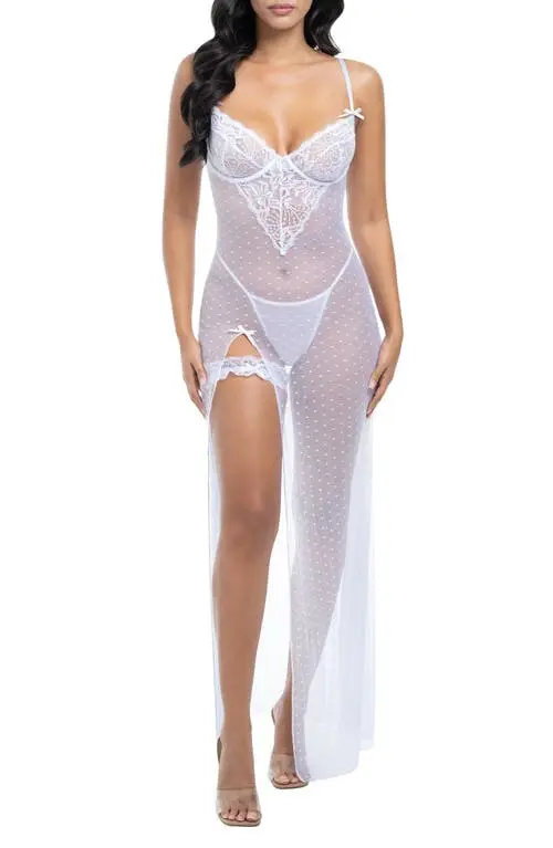 OH LA LA CHERI Livia Lace Trim Mesh Underwire Nightgown & G-string Set - Bright White