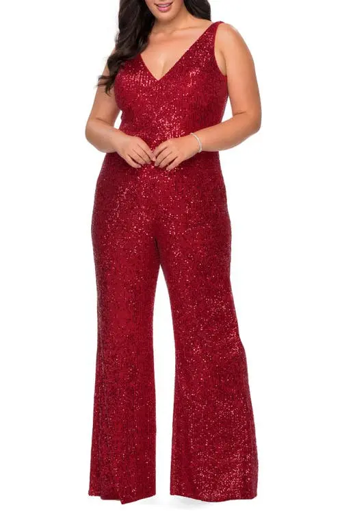 La Femme Sequin Jumpsuit With Plunging Neckline - Red