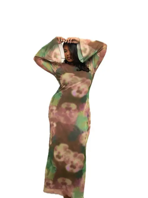 FASHION-SZN CURVE Floral Print Mesh Maxi Dress - Green