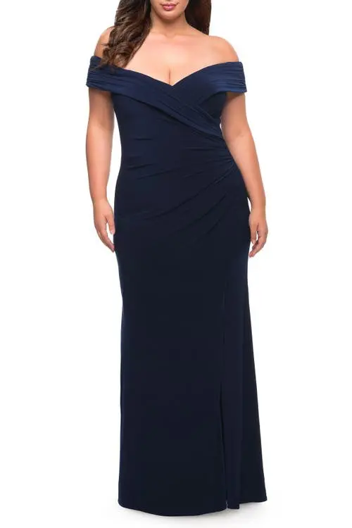 La Femme Jersey Gown With Off-the-shoulder Top - Navy