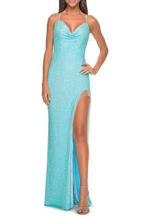 La Femme Sequin Gown With Beaded Fringe Slit - Light Blue