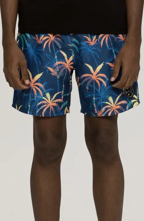 MAUI & SONS Wilder Palm Tree Print Microfiber Swim Trunks