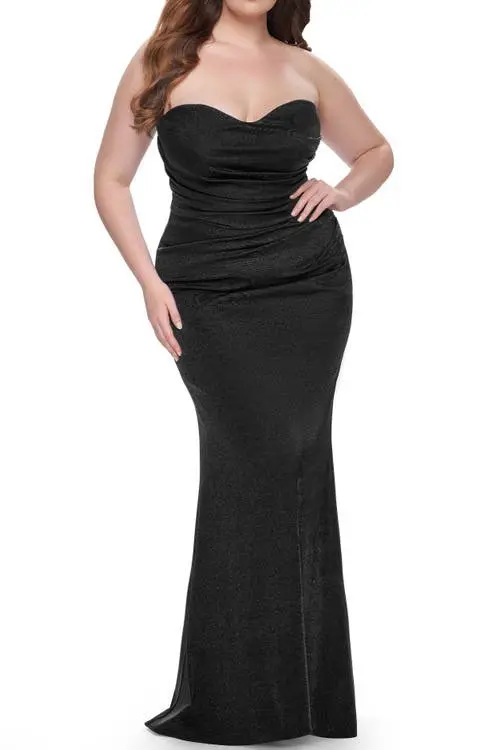 La Femme Strapless Ruched Stretch Satin Dress - Black