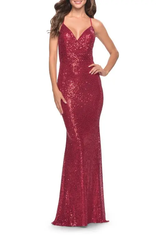 La Femme Sequin Long Dress With V Neckline And Open Back - Red