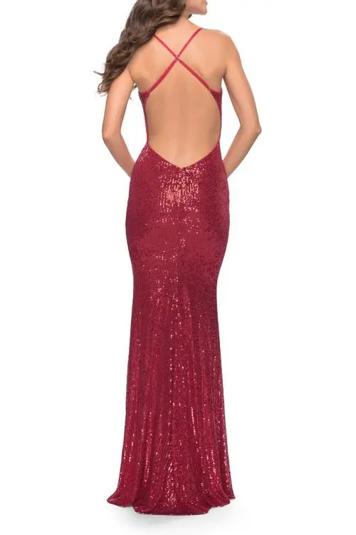 La Femme Sequin Long Dress With V Neckline And Open Back - Red